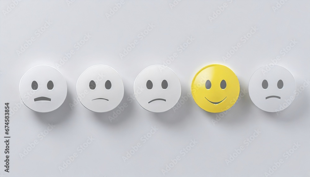 One happy face and many sad faces. Smiley emojis 3D render. Stand out ...