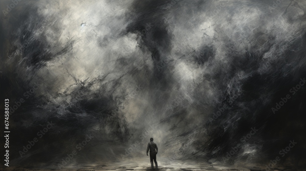Depression illustration Alone Person in the fog Charcoal drawing on ...