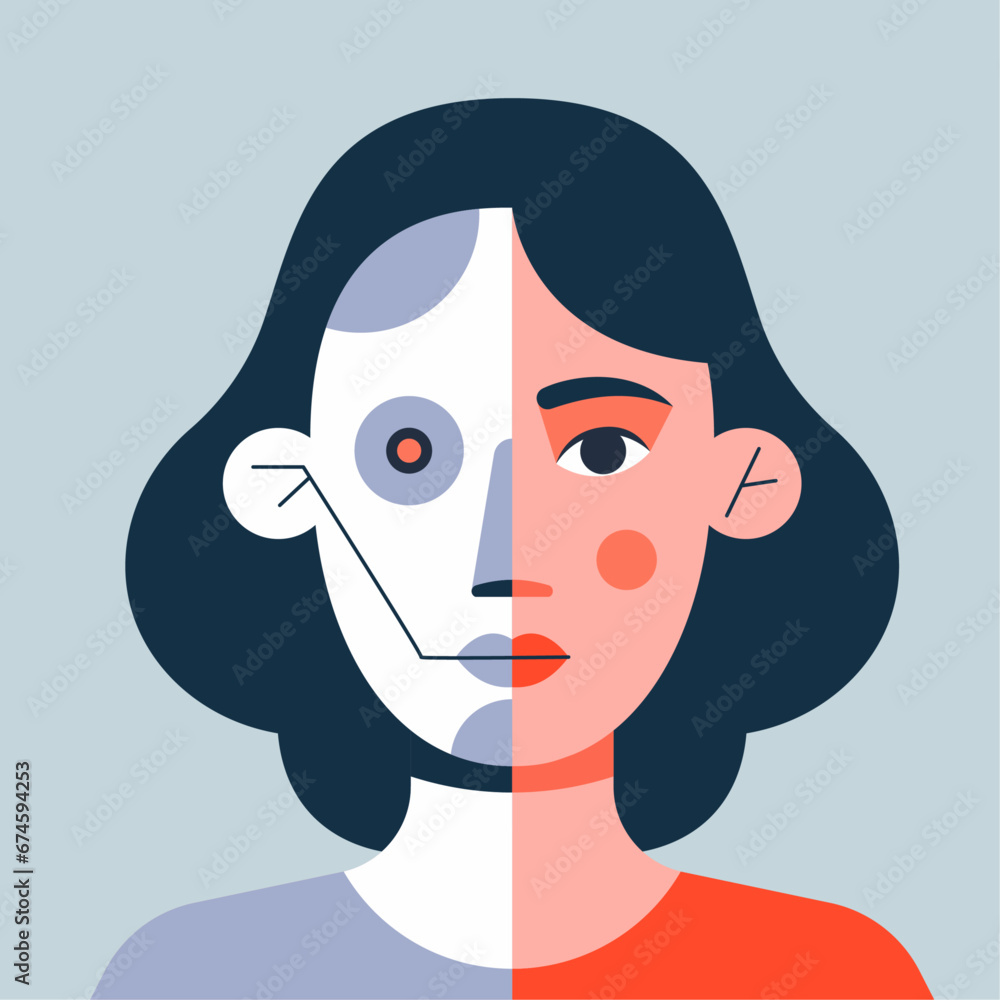 Half Robot Girl. Cyborg woman. Flat vector illustration in cartoon ...