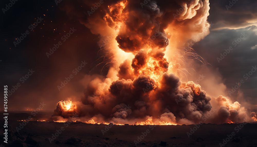 massive explosion in the night sky. The explosion is bright and ...