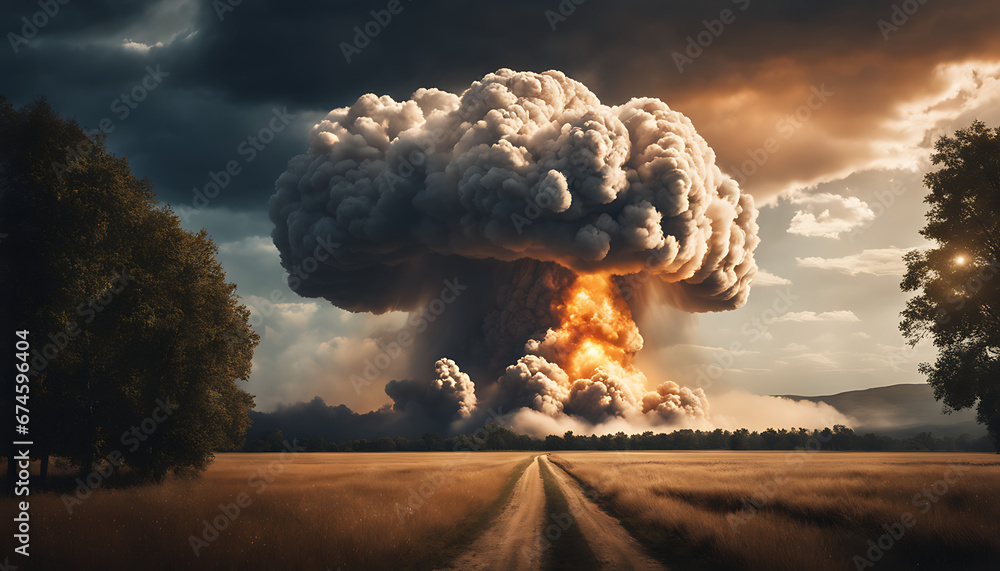 nuclear explosion. The explosion is very bright and has a large ...