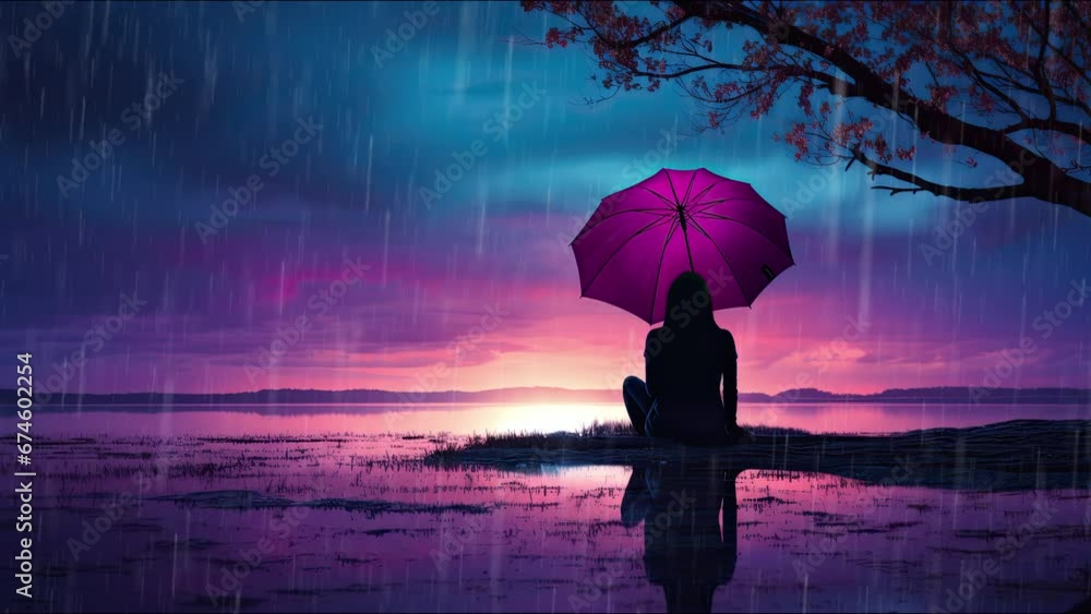 Seamless loop animation. sad woman alone purple and blue silhouette u ...