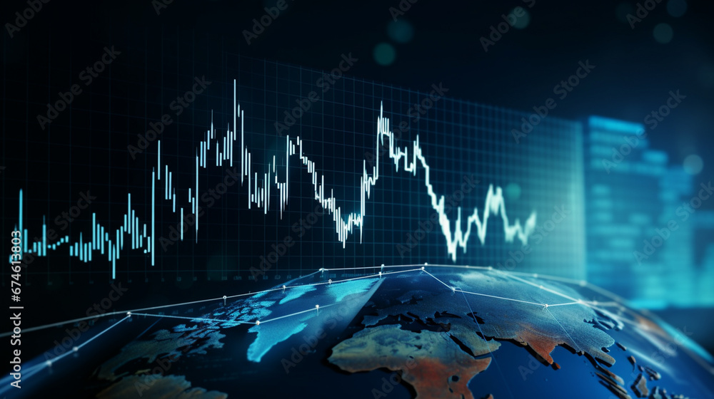 Financial chart with moving up arrow graph and world map background ...