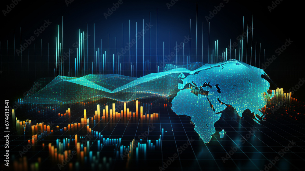 Financial chart with moving up arrow graph and world map background ...