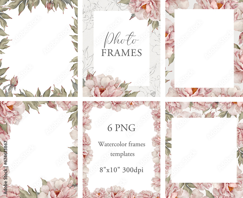 Peonies frames templates. Borders bundle. Watercolor frames clipart ...
