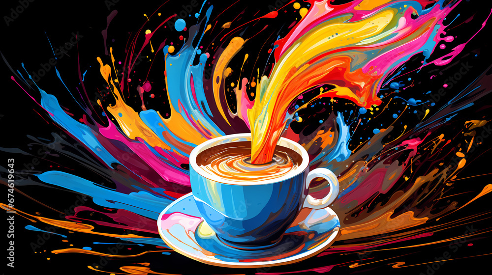A pop art representation of a splash of coffee, with vibrant ...