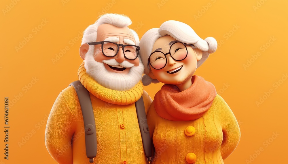 cute cartoon old happy couple character ,isolated orange background ...