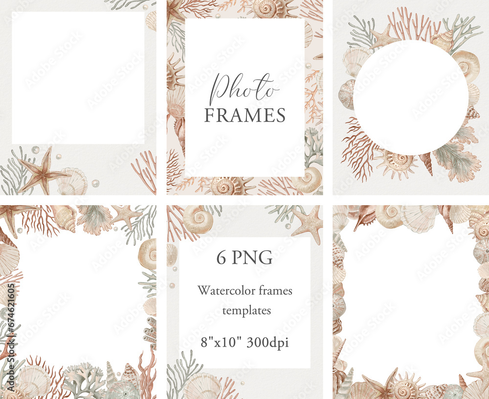 Seashells frames templates. Borders bundle. Watercolor frames clipart ...