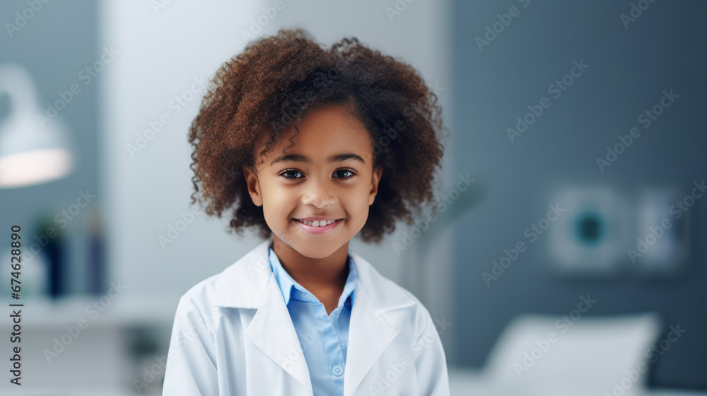 Cute smiling Black kid girl playing doctor in doctors scrub suit. Dream ...