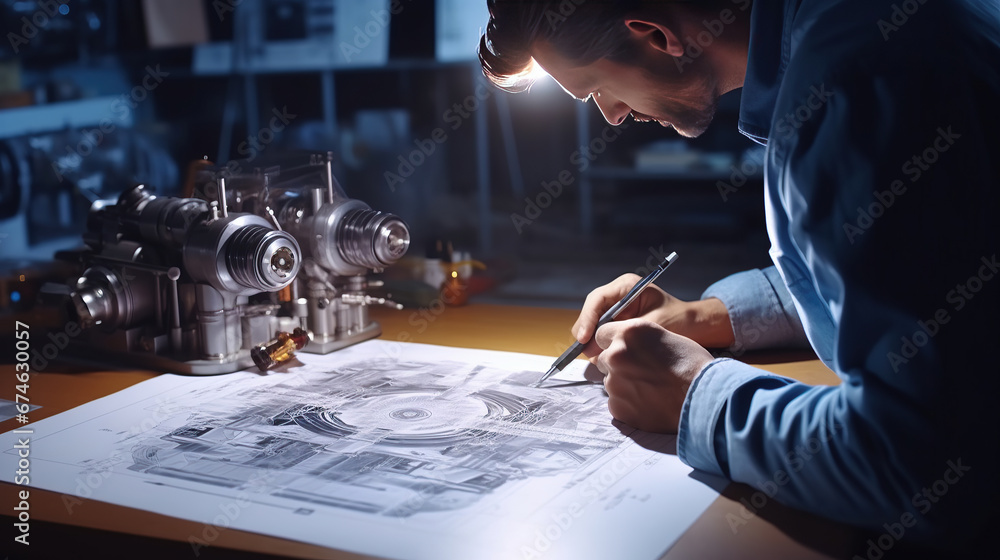 Engineer technician designing drawings mechanical parts engineering ...