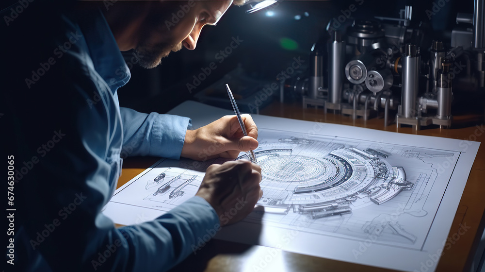 Engineer technician designing drawings mechanical parts engineering ...