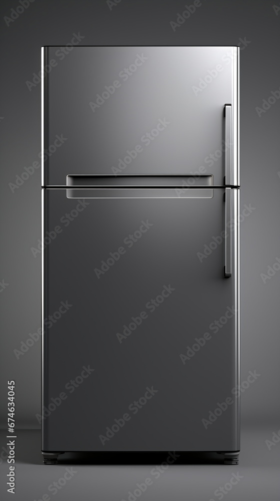 Modern refrigerator near light grey wall. Realistic modern kitchen home ...