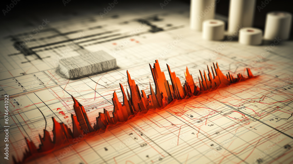 Seismograph and earthquake. The seismograph shows a projection of the ...