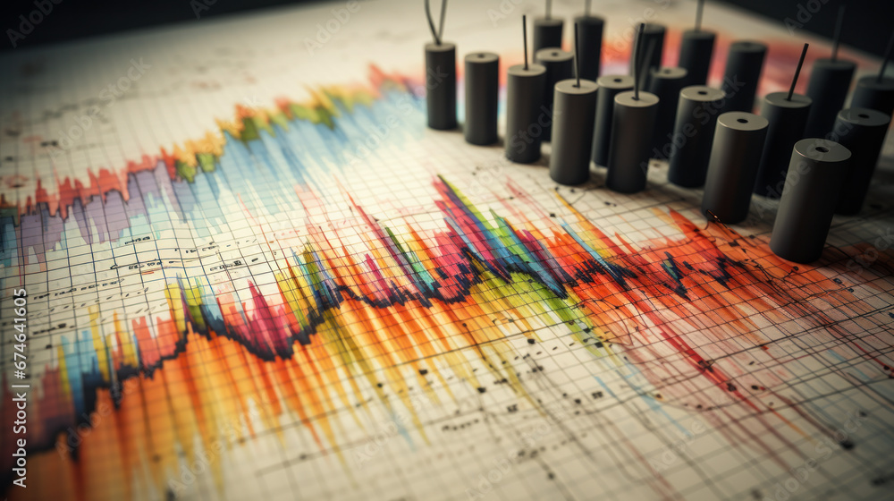 Seismograph and earthquake. The seismograph shows a projection of the ...