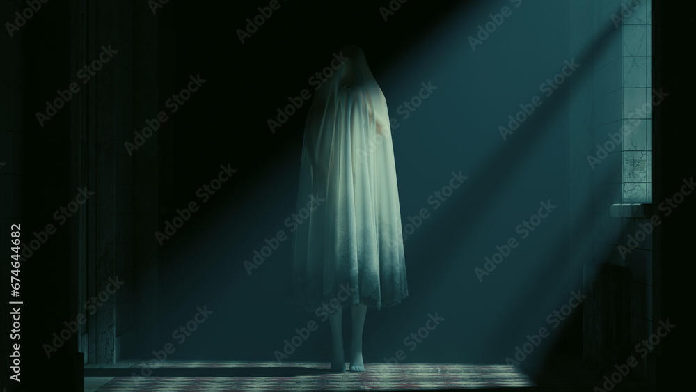 Ghostly figure hand held out ghost asylum abandoned moonlight mist ...