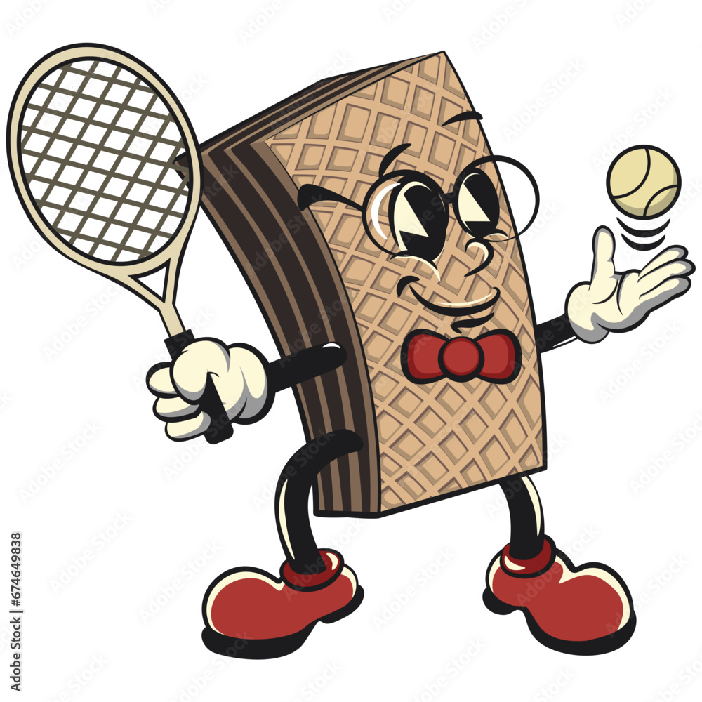 vintage mascot brown wafer character with funny face playing tennis ...