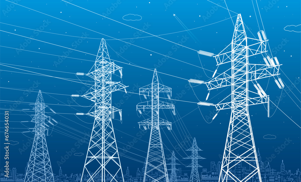 High voltage transmission systems. Electric pole. Power lines. A ...