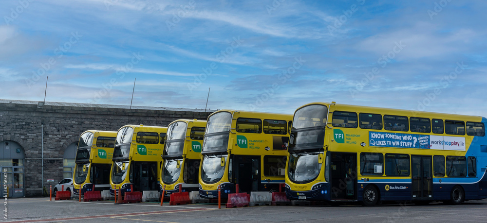 A line of Dublin Bus buses lined up in the Broadstone Depot in Dublin ...