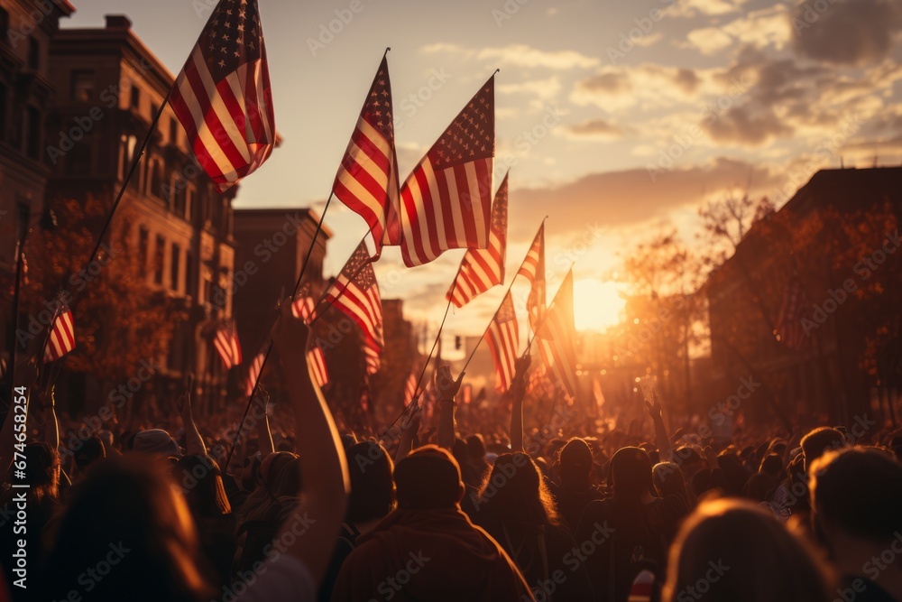 A huge crowd of people marching along a city street with American flags ...