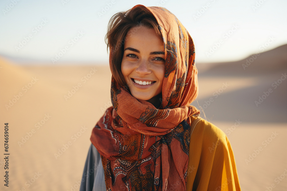 Beautiful arabic woman wearing veil in sandy desert Generative Ai ...