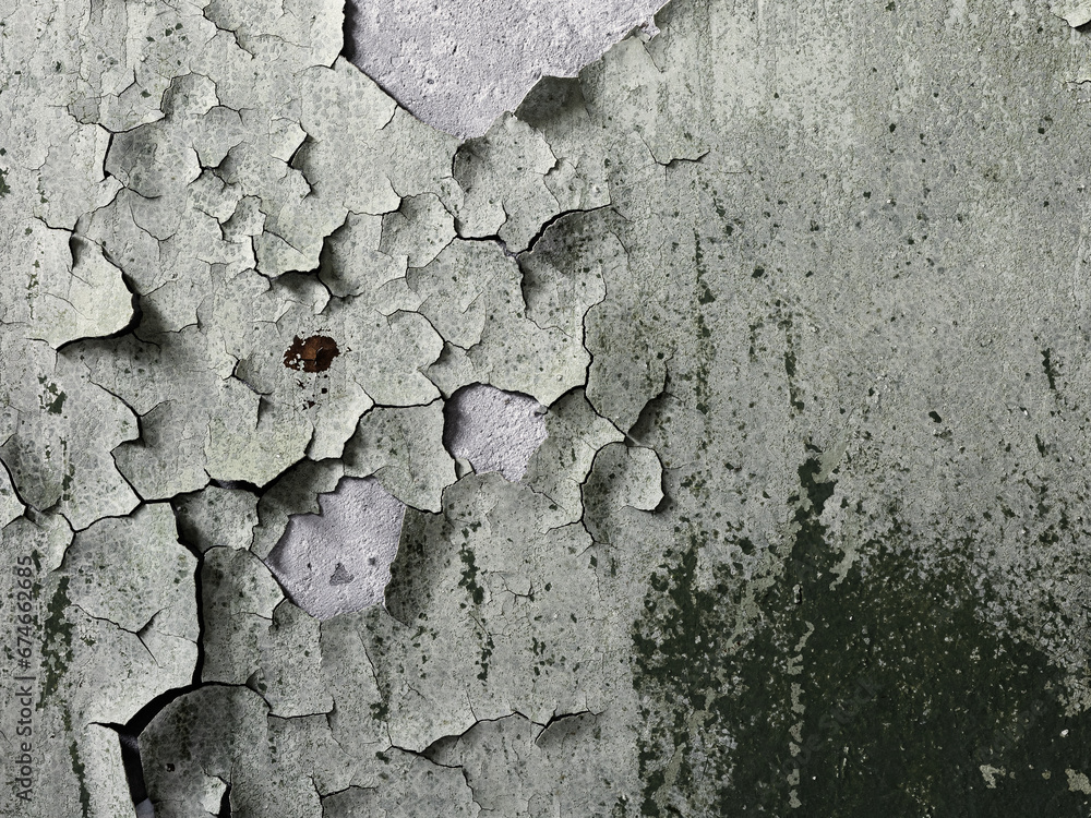 Peeling paint on the wall. Old concrete wall with cracked flaking paint. Weathered rough painted ...