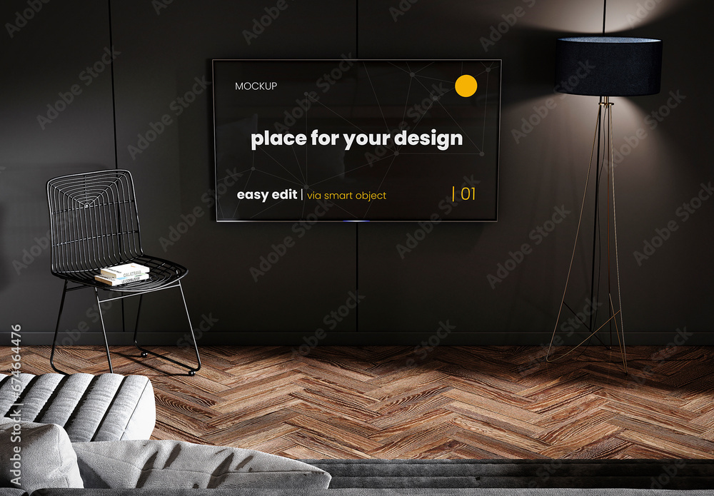 Tv Screen Build In Wall Mockup 04 Stock Template | Adobe Stock