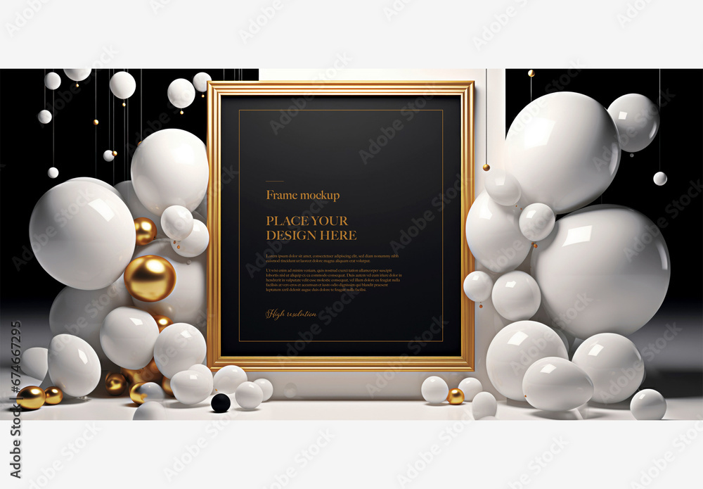 Gold Frame Celebration Mockup: Balloons and Balls Surround Black and ...
