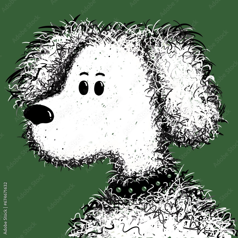 Scruffy dog illustration on a green background. The shaggy dog has ...