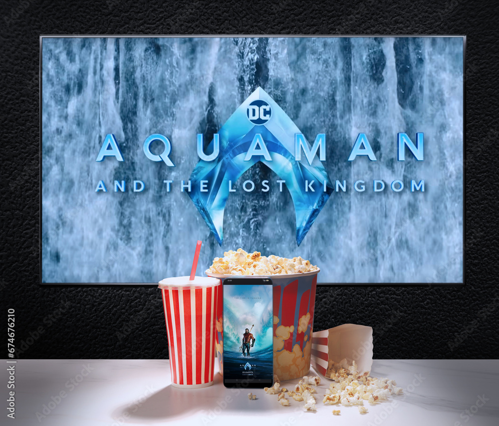 Aquaman and the Lost Kingdom movie trailer in the TV screen and ...