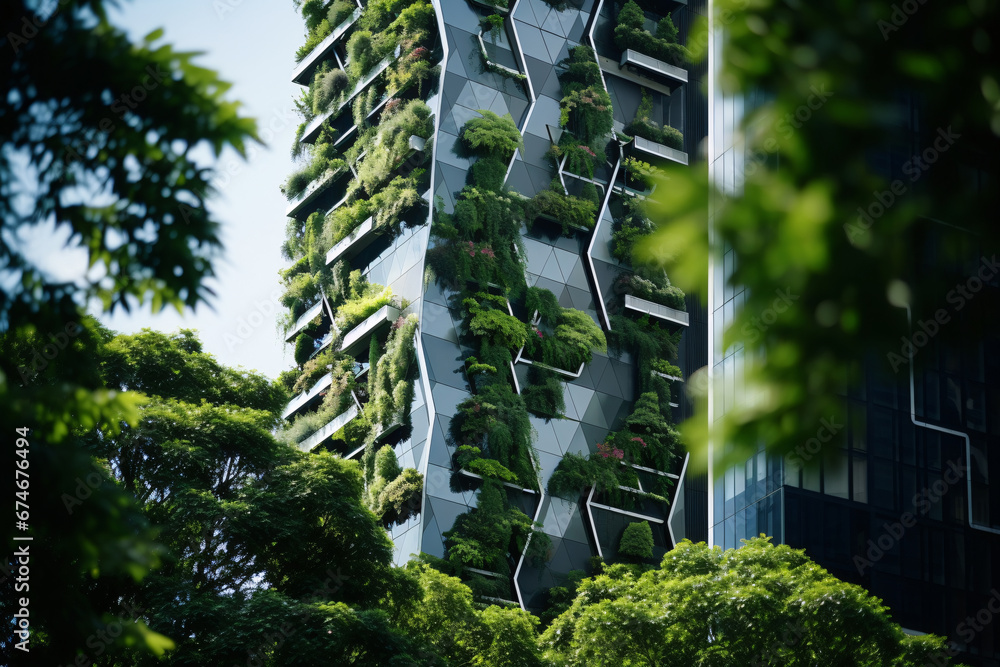Sustainable green building in modern city. Green architecture. Eco ...