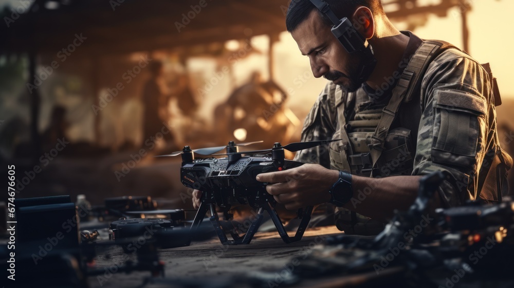 Mobile military base, soldier engineer transmits aerial pictures and ...