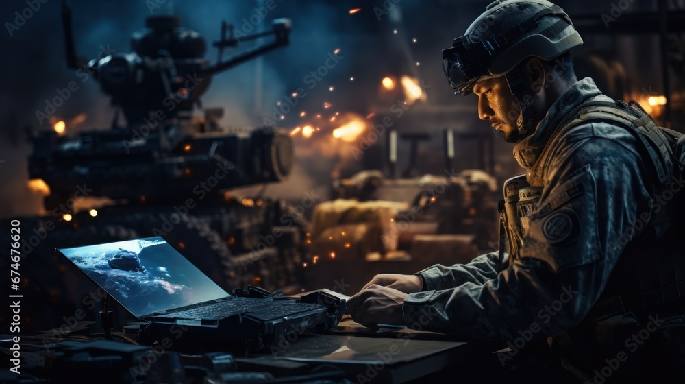 Mobile military base, soldier engineer transmits aerial pictures and ...