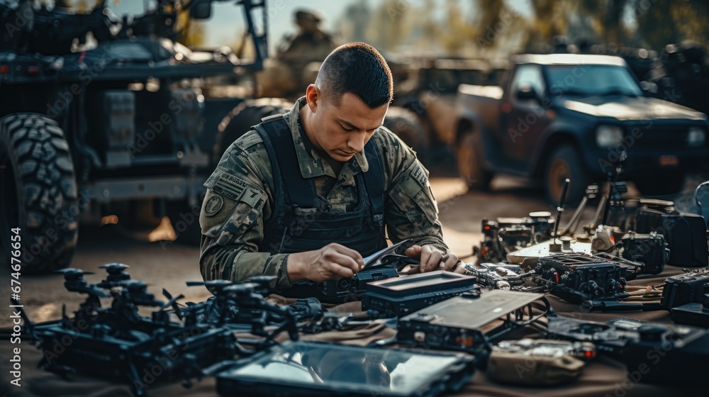Mobile military base, soldier engineer transmits aerial pictures and ...