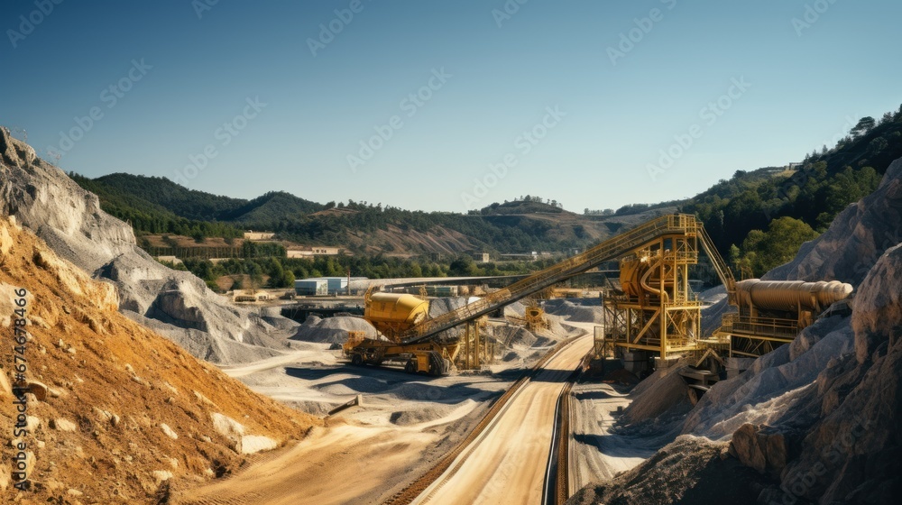 Sand quarry banner, Industrial plant with belt conveyor in open pit ...
