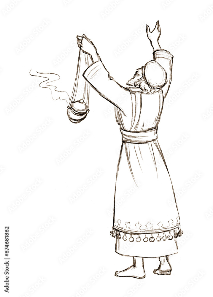 Poster Pencil drawing. The priest lifts up the incense before God ...