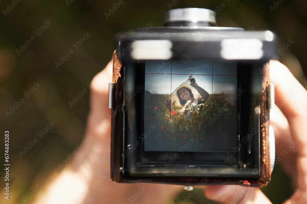 Camera, viewfinder and woman with photography, outdoor and pose with ...