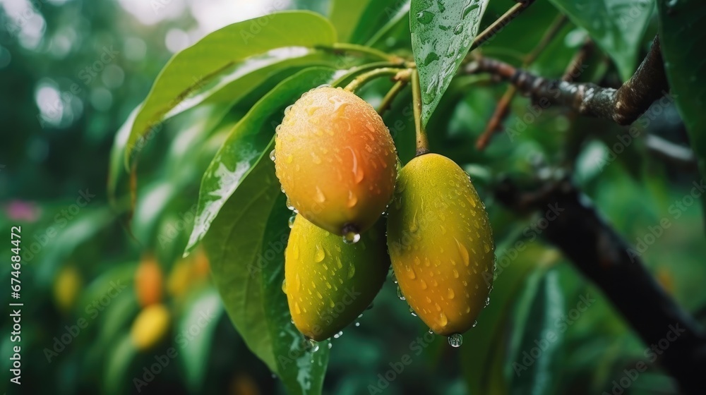 Fresh mangoes with raindrops hanging on mango tree. Generative AI Stock ...