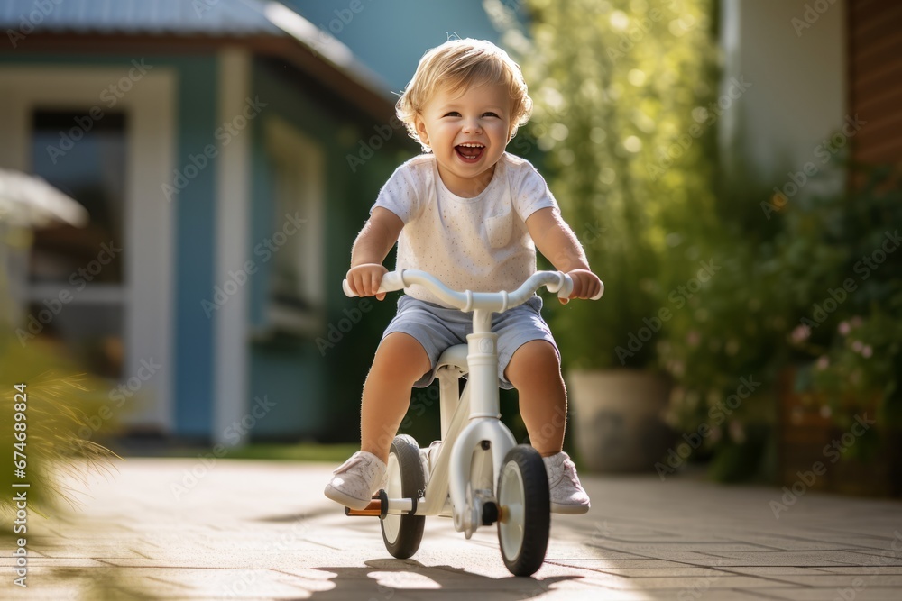 Young Child Joyfully Riding Tricycle in Sunny Backyard Stock Photo ...
