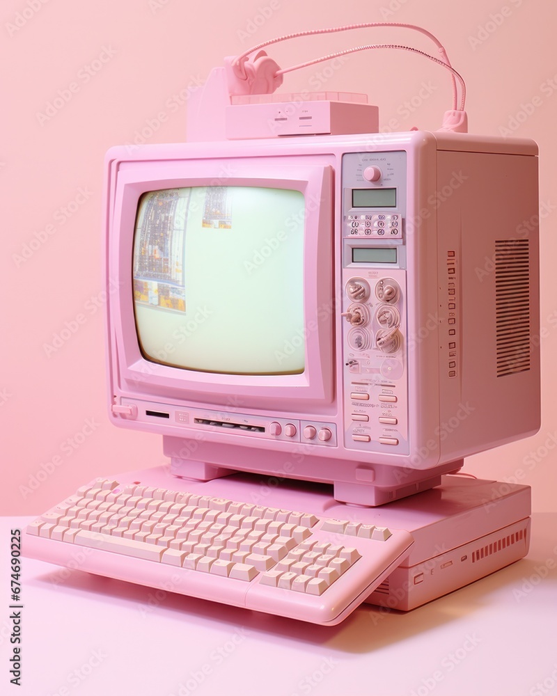 Vintage-inspired pink personal computer with monitor, keyboard, and ...