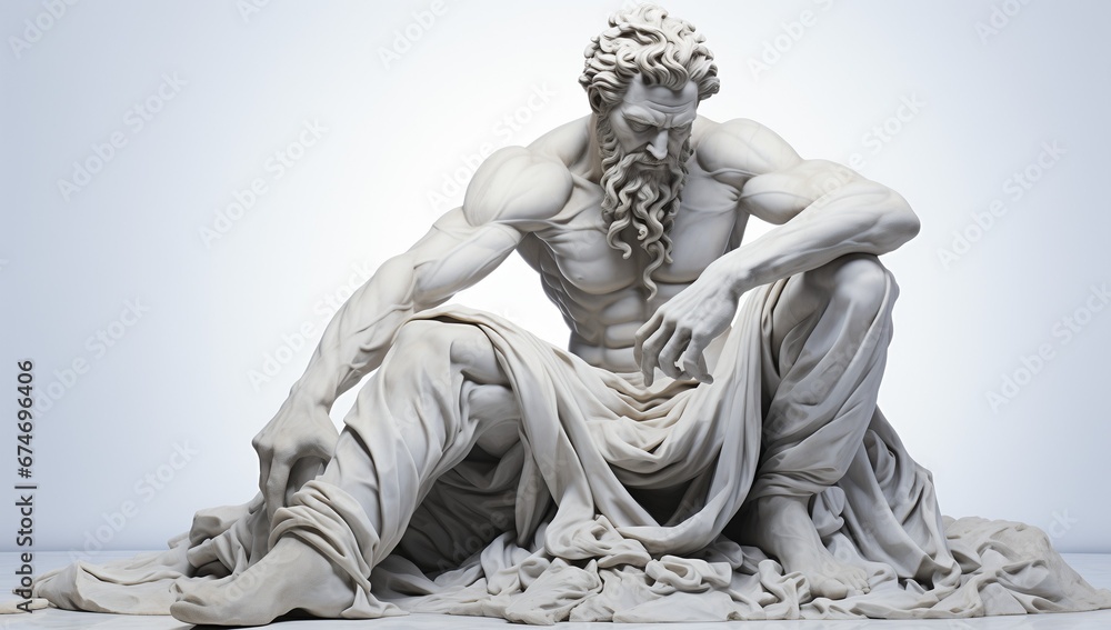 god is sad sitting, white ancient sculpture statue, modern style ...