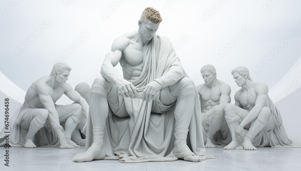 god is sad sitting, white ancient sculpture statue, modern style ...