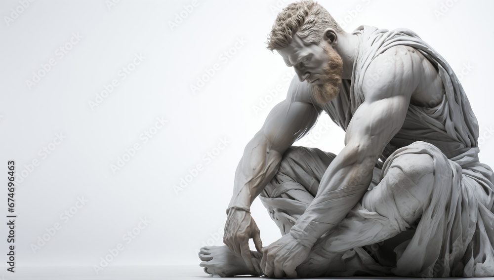 god is sad sitting, white ancient sculpture statue, modern style ...