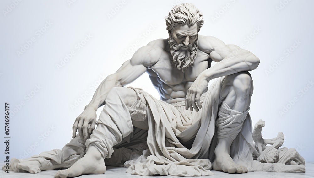 god is sad sitting, white ancient sculpture statue, modern style ...