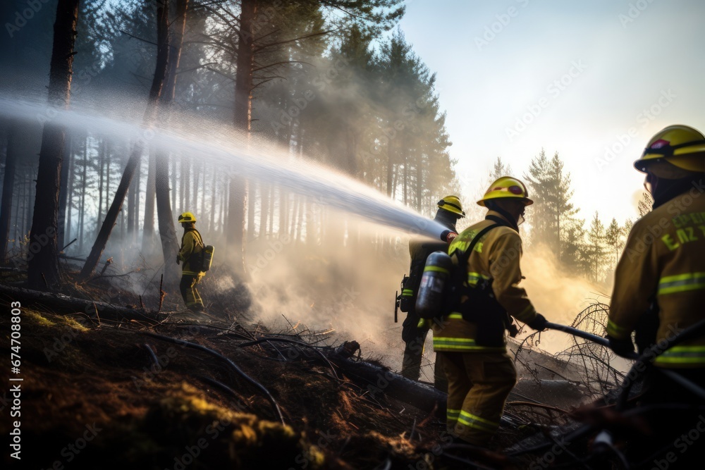 Firefighters use water to combat wildfire in forest working diligently ...