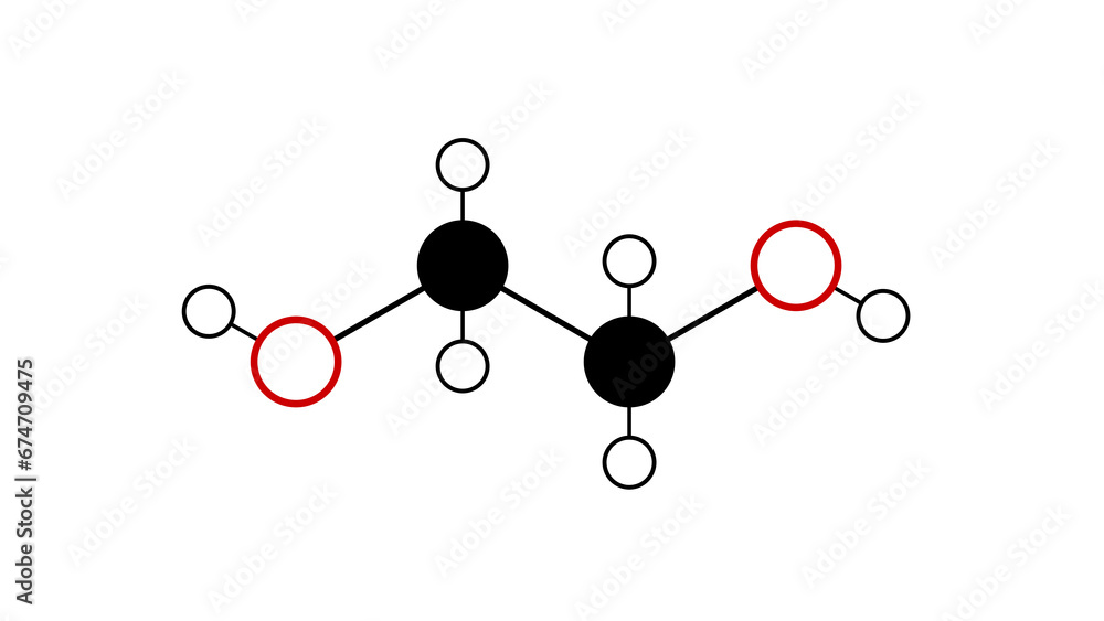 ethylene glycol molecule, structural chemical formula, ball-and-stick ...