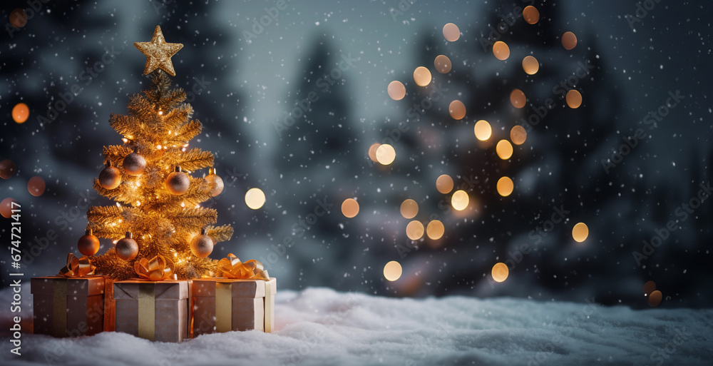 Prachtvoller Weihnachtsbaum erstrahlt in winterlicher Landschaft Stock ...