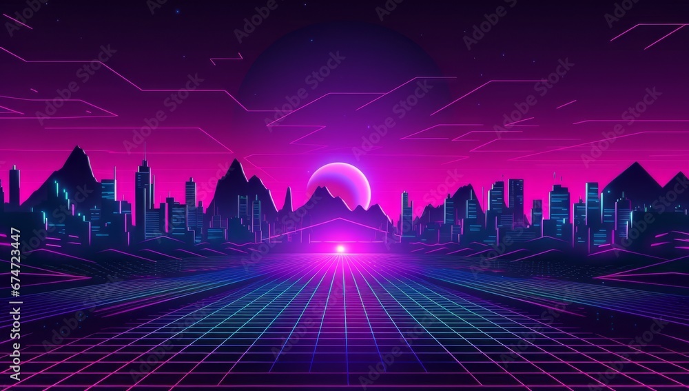 a retro futuristic cyberpunk city landscape with neon colored buildings ...