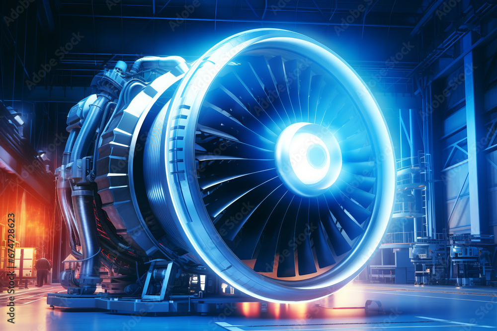 Modern industrial jet engine in a high tech futuristic factory. ai ...