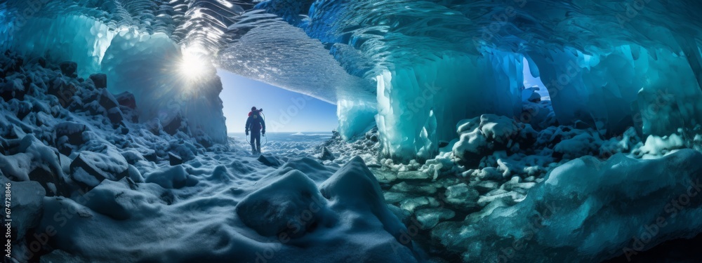 Backpacker explores the inside a glacial ice cave Entrance of an ice ...