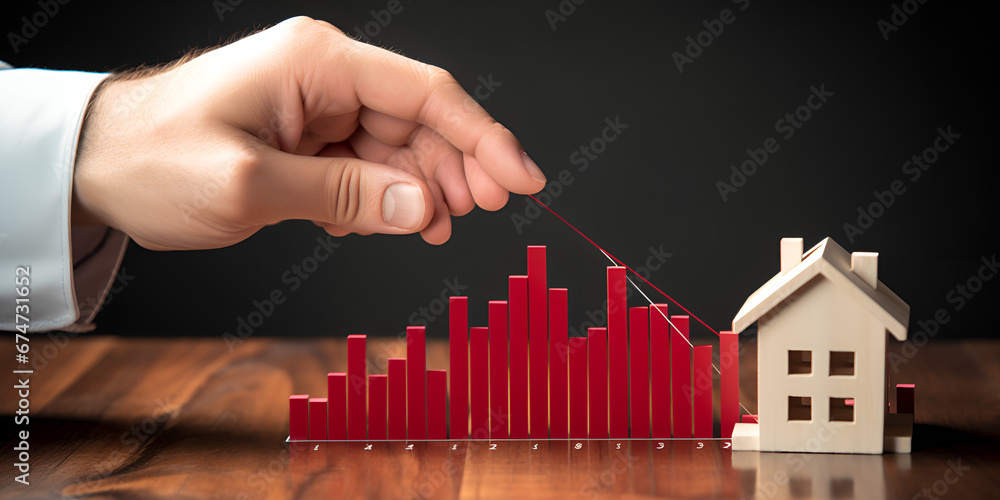 Abstract image of rising house prices on light background with red ...